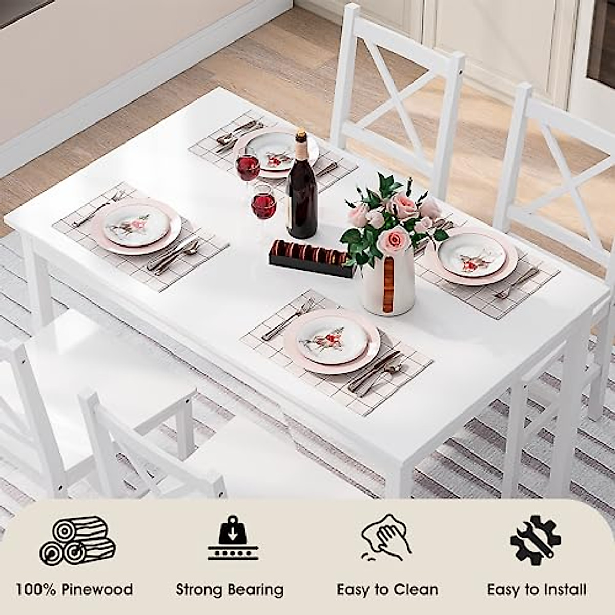 Alohappy Dining Table Set for 4, 5 Piece Kitchen Table Set with 4 Chairs Pine Wood Dining Table Rectangle Breakfast Table and Chairs for Small Space, Space-Saving & Easy Assembly (White)