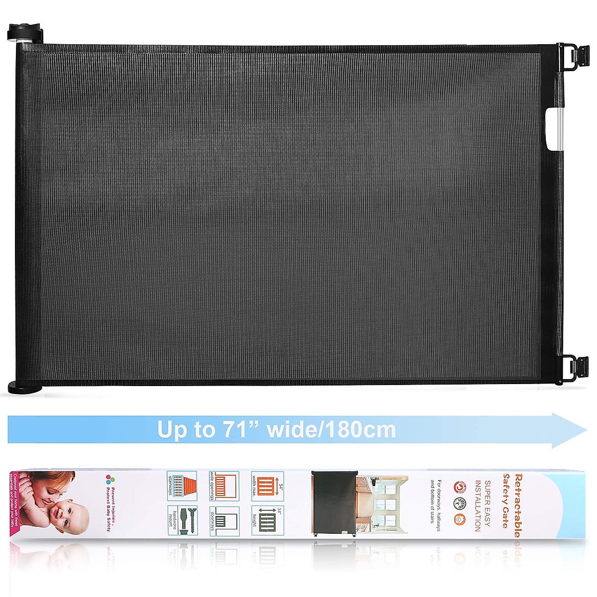 Retractable Baby Gate Extra Wide，PRObebi Mesh Safety Gate for Babies and Pets 34" Tall Extends up to 71" Wide, Retractable Mesh Gate for Stairs/Doorways/Indoor/Outdoor/Hallways