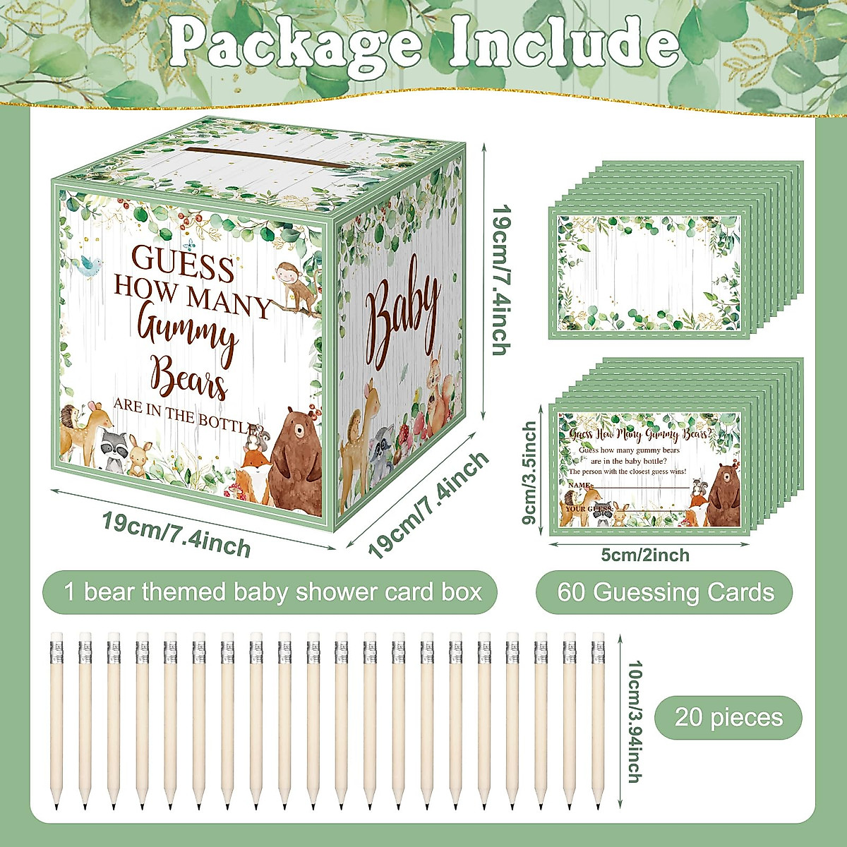 TrelaCo 82 Pcs Guess How Many Bears Baby Shower Game 1 Woodland Game Box 1 Baby Bottle 60 Guessing Cards 20 HB Pencils for Baby Shower Favors Games Gender Reveal
