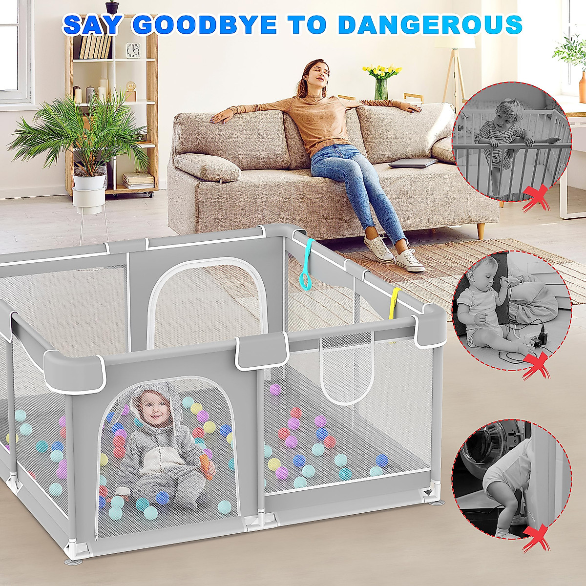 Baby Playpen, Playpen for Babies with Breathable Mesh and Zipper Gates, Indoor & Outdoor Play Pens for Kids Activity Center with Anti-Slip Base, Sturdy Safety Playpen, Kid's Fence for Infants