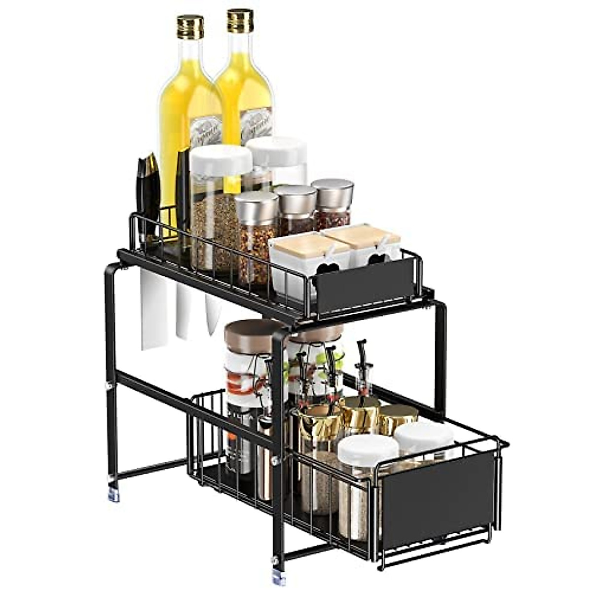 Docusvect Under Sink Organizer, 2-Tier Metal Under Cabinet Sliding Storage, Under Kitchen Sink Organizer, Under Sink Organizers and Storage with Hooks, Organizer for Bathroom Kitchen (Steel-1Pack)
