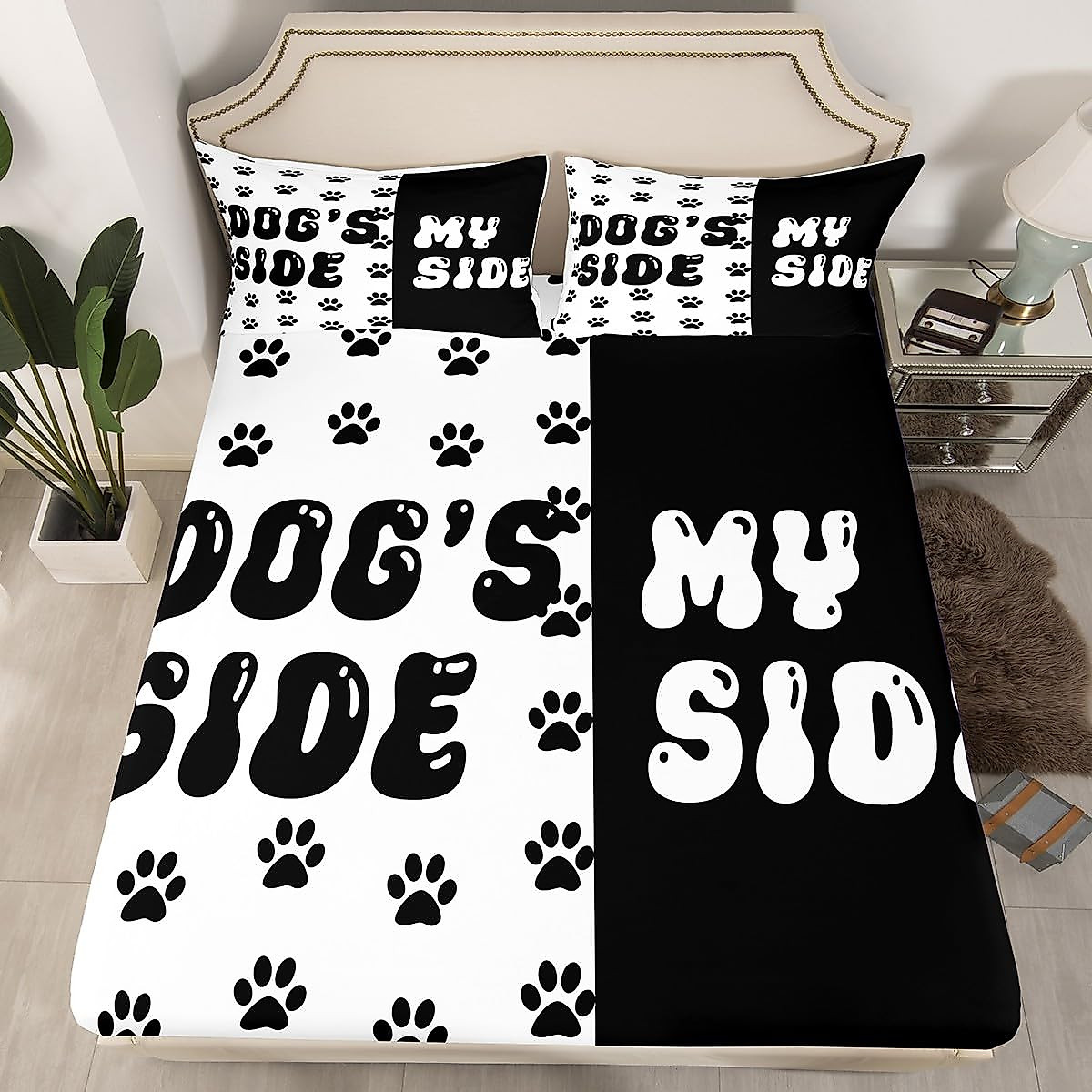Cute Dog Paws Print Kids Sheet King Size,Dog Side My Side Bedding Set,Boys Girls Room Decor,Kawaii Puppy Animal Pet Rustic Black White Bed Sheet Set 4pcs(Fitted + Flat + 2 Pillowcases)