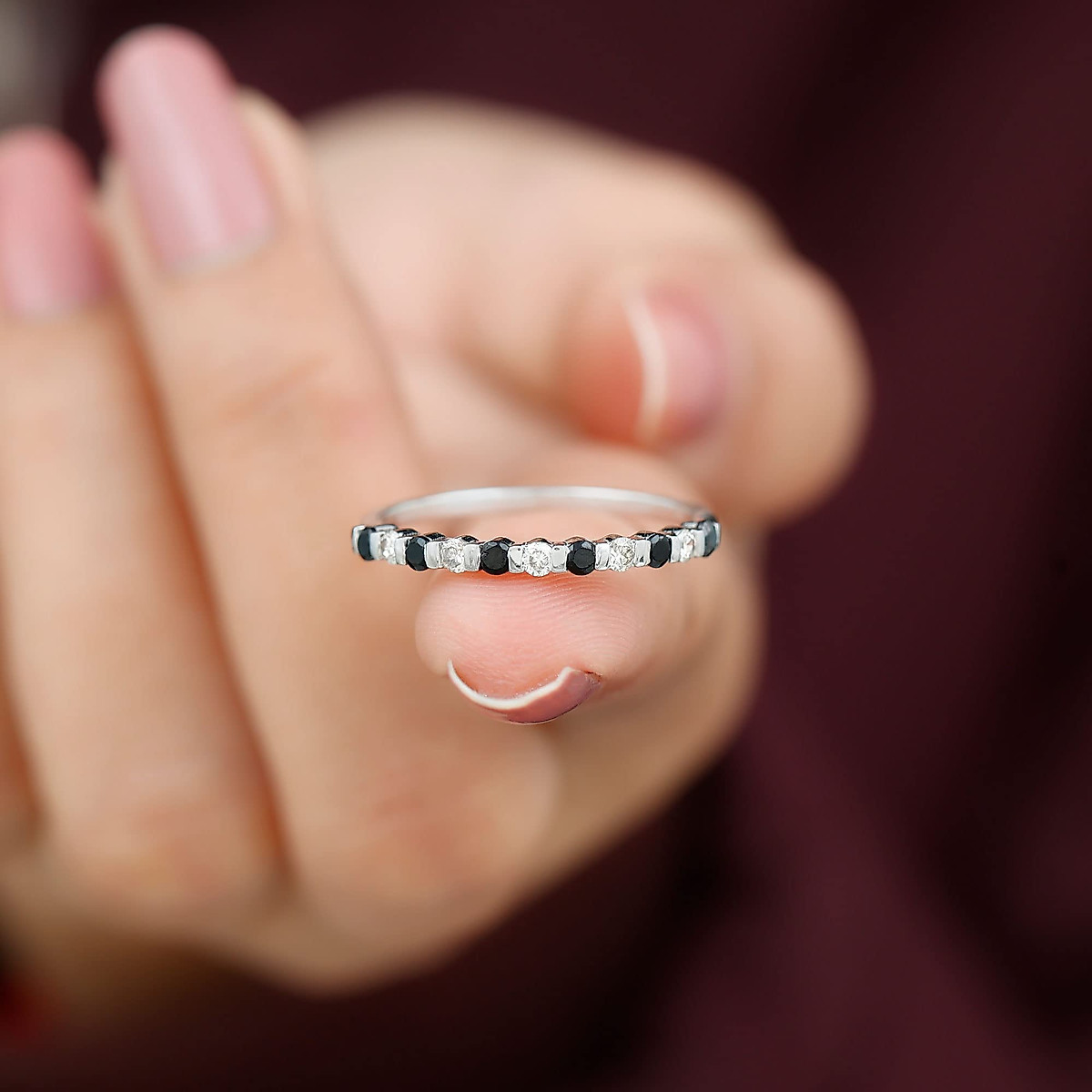 Natural Black Spinel Diamond Half Eternity Band, AAA Quality, Certified Black Spinel Stackable Ring - Ready to Gift, 14K White Gold, Size:US 7.50