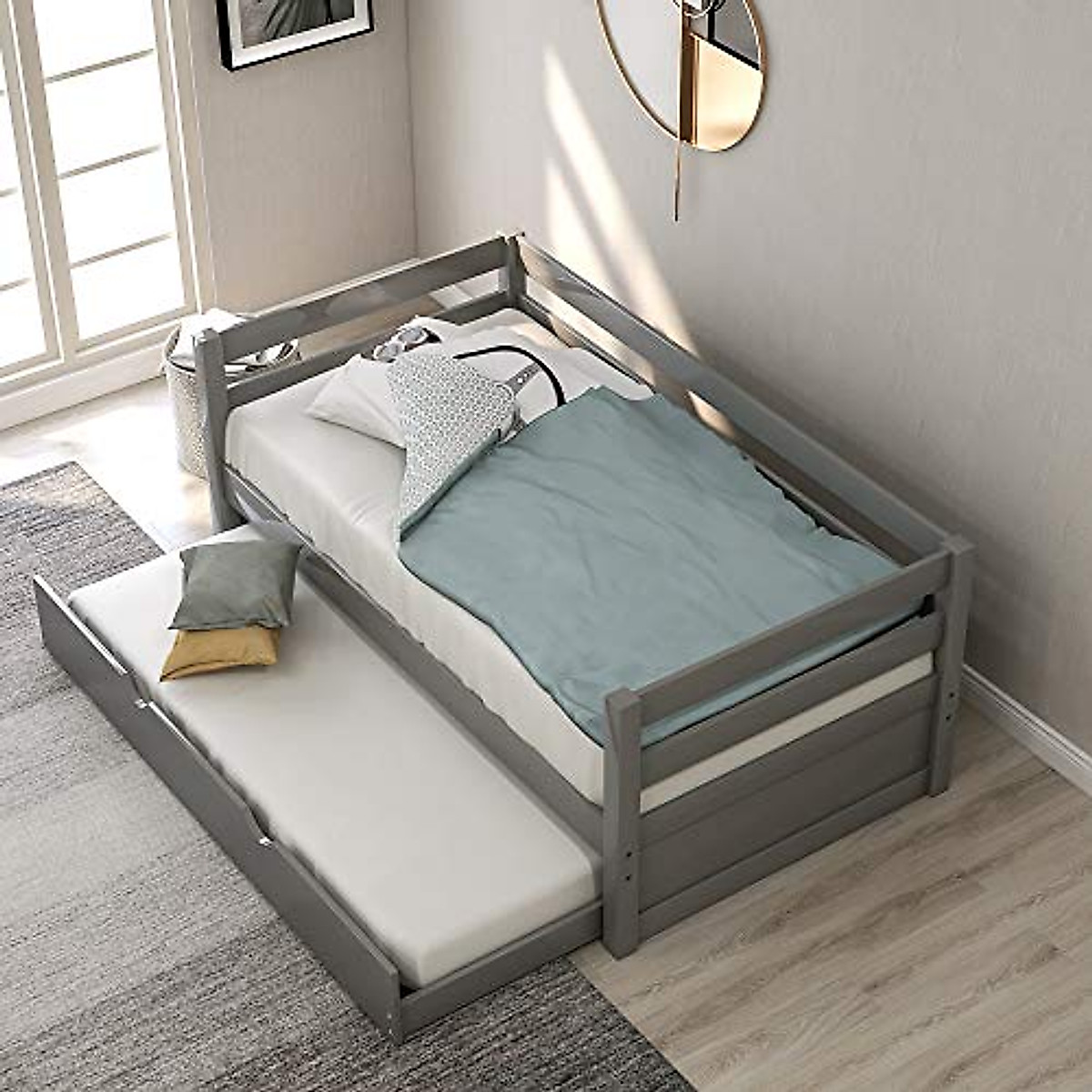 Merax Twin Daybed with Trundle, Solid Wood Captains Bed Twin Size Sofa Bed Frame (Grey)