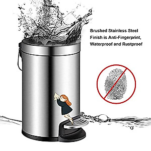 Round Small Trash Can with Lid Soft Close and Removable Inner Wastebasket, Anti-Fingerprint Brushed Stainless Steel Garbage Can for Bathroom Bedroom Office, 1.3Gal/5L