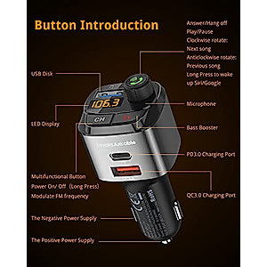 UNBREAKcable Bluetooth FM Transmitter for Car, Support QC3.0, 20W Wireless Bluetooth Radio Car Adapter Receiver MP3 Audio Music Player FM Transmitters, Type C PD20W Handsfree Call Car Charger