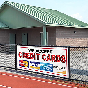 Vinyl Banner Sign We Accept Credit Cards Restaurant Cafe Bar Marketing Advertising Red - 12inx30in, 4 Grommets, One Banner