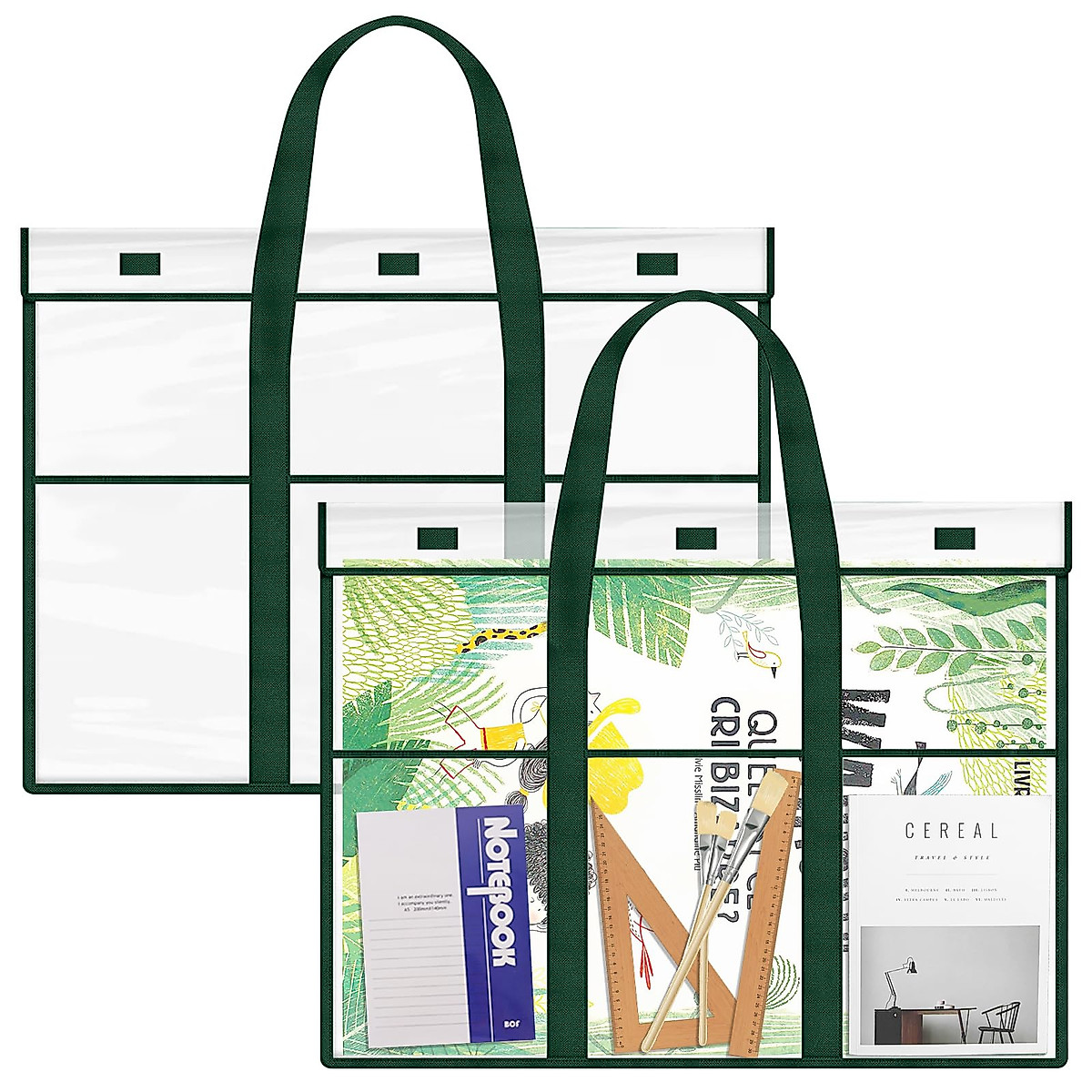 Daily Treasures 2 Pack Large Art Storage Bag with 3 Pocket, (31.5"×25") PVC Art Bags, Dark Green Portfolio Bag with Velcro, Poster Bag for Bulletin Board, Artwork, Flat Poster