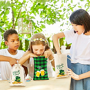 20 Pieces St Patrick's Day Party Favor Bags with Drawstring 4 x 6 Inches Lucky Shamrock Cotton Candy Pouch Sacks Irish Gift Plaid Treat Bag with 20 Tags for Saint Patrick's Day Irish Party Supplies