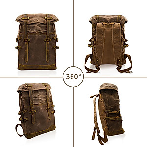 Waxed Canvas Leather Hiking Travel Waterproof Backpack for School Weekend Travel Fit 15in laptops (Coffee)