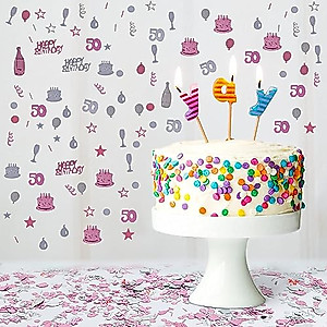OSDUE 3000 Pieces Pink Gold Silver Happy Birthday Confetti, 50 Years Birthday Cake Confetti, Metallic Foil Balloon Confetti, Table Scatter Confetti Decoration Supplies, for Birthday Party (50th Style)