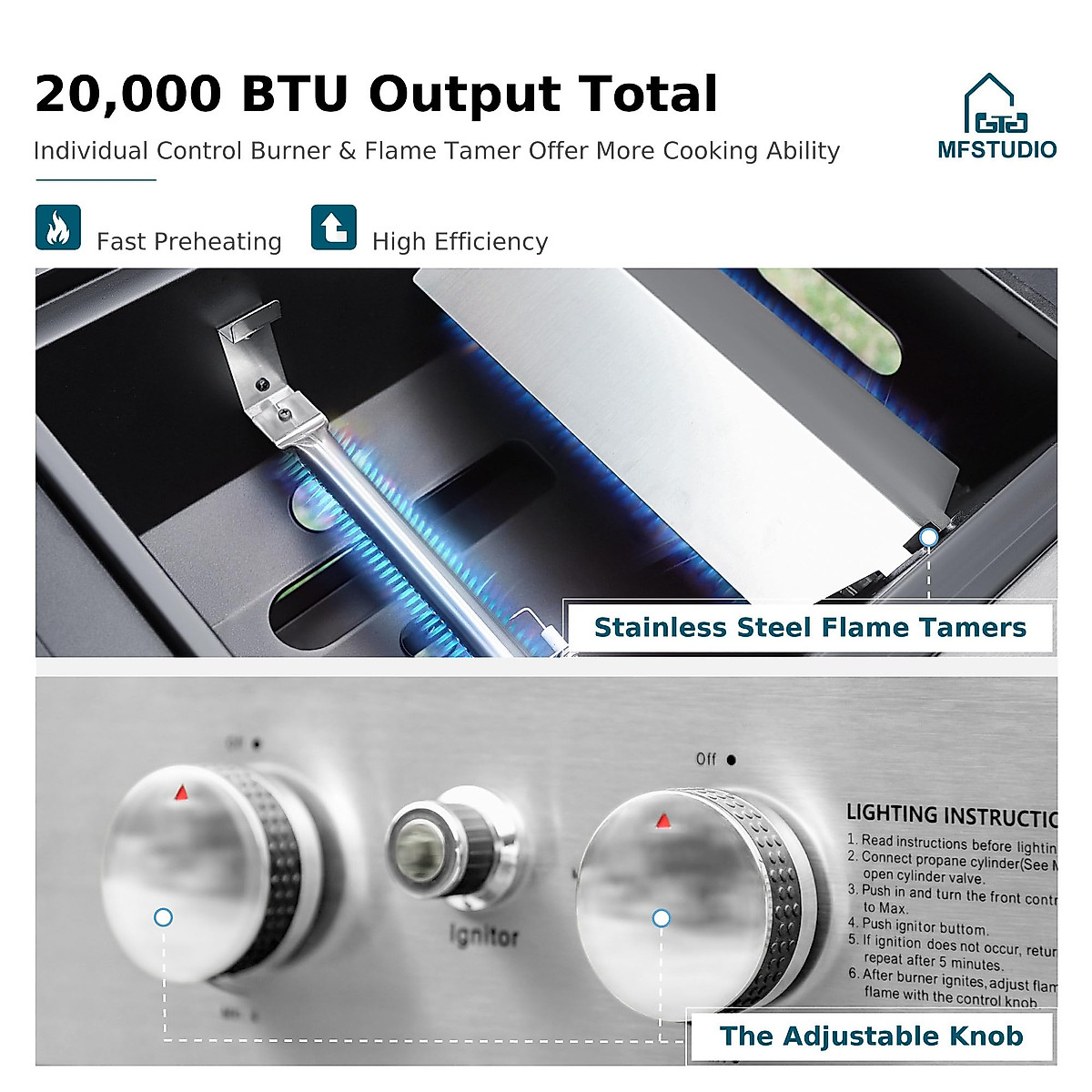 MFSTUDIO 2-Burner Propane Gas BBQ Grill with Cast Iron Griddle Pan, 20,000 BTU Output Small Barbecue Grill for Outdoor, Patio, Backyard and Balcony