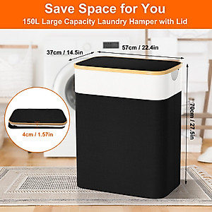 Laundry Hamper with Lid, 150L Large Laundry Basket with Bamboo Handles and Removable Bags, Collapsible Dirty Clothes Hamper, 2 Section Laundry Bin Organizer for Bedroom,Bathroom,Laundry Room, Black