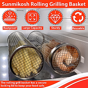 Sunmikosh Rolling Grilling Basket - Barbecue Portable Roll Grill Basket for Outdoor Camping - Stainless Steel BBQ Net Tube Grill Basket, Suitable For Fish, Kabob, Meat, Vegetables, French Fries