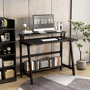 YQ JENMW 31.5 Inch Small Desk, Small Computer Desk for Small Spaces, Modern Writing Table with Monitor Storage Shelf, Compact Laptop Desk for Home Office and Study, Black