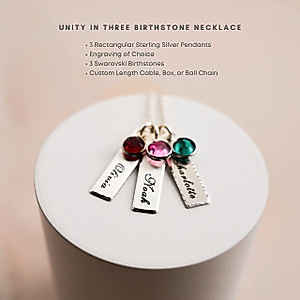 AJ's Collection Unity in Three Personalized Charm Necklace. Customize 3 Sterling Silver Rectangular Pendants with Names of Your Choice. Gifts for Her