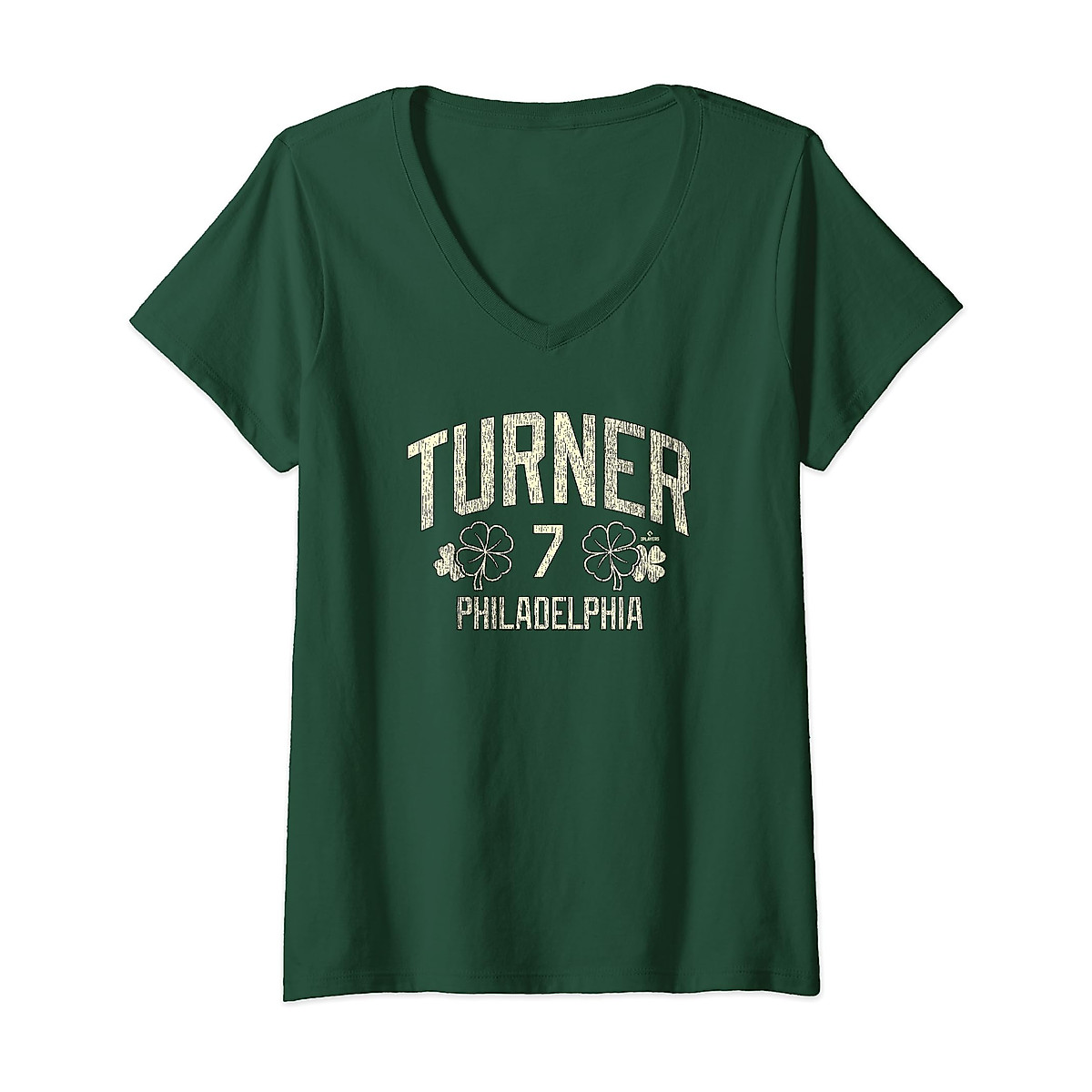 Womens Trea Turner Philadelphia Baseball St. Patrick's Clover MLBPA V-Neck T-Shirt
