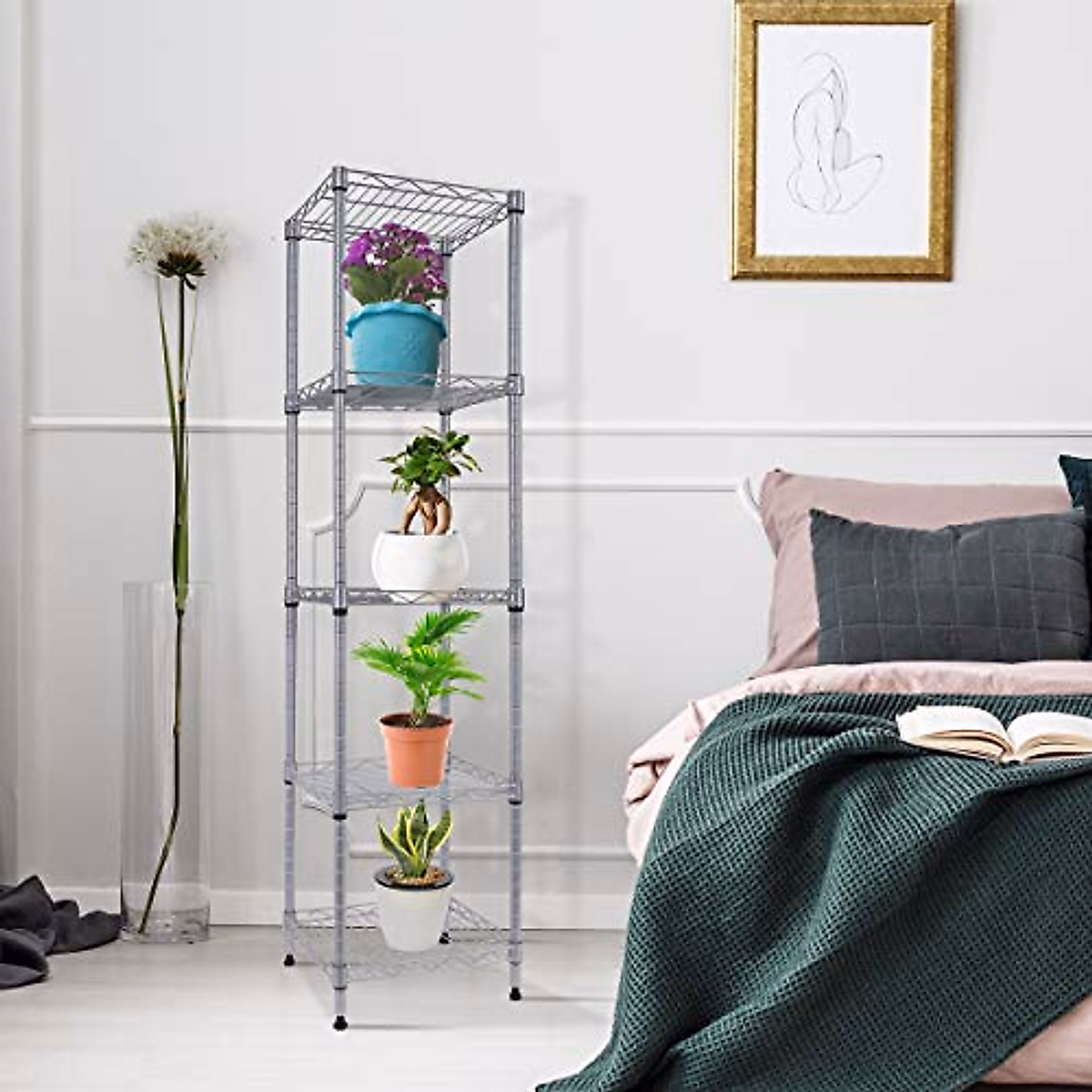 GIOTORENT 5 Tier Standing Shelving Metal Units, Adjustable Height Wire Shelf Display Rack for Laundry Bathroom Kitchen 11.8 W x 11.8 D x 50 H (5-Tier, Silver)
