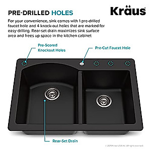 KRAUS Forteza™ 33” Dual Mount 60/40 Double Bowl Granite Kitchen Sink in Black with WasteGuard™ Continuous Feed Garbage Disposal, KGD-50BL-100-75MB
