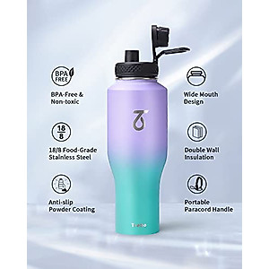 Trebo 40oz Insulated Water Bottle that Fits in Cup Holder, Stainless Steel Double Wall Tumbler Bottles with Paracord Handle, Flask with Straw Spout Lids, Keep Cold for 48 Hrs/Hot 24 Hrs,Cotton Candy