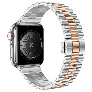 baozai Compatible with Apple Watch 41mm 40mm 38mm, Solid Stainless Steel iWatch Band Replacement for Apple Watch Series 9/8/7/6/5/4/3/2/1/SE for Women, 3Rows-Silver/Rose Gold, 41mm/40mm/38mm