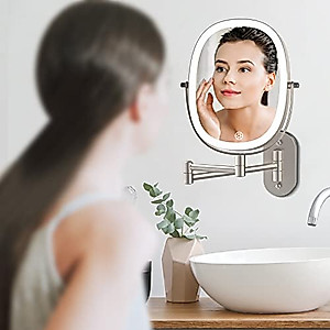 Rechargeable Wall Mounted Lighted Makeup Vanity Mirror, Double Sided 1X/7X Magnifying Mirror, 3 Color Lighting Option Dimmable, 360 Rotation Extension Foldable Arm, Oval Frame Shaving Light up Mirror