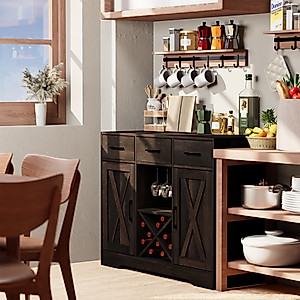 VVFLU Sideboard Buffet Cabinet with Storage Kitchen Farmhouse Coffee Bar Cabinet, Drawers, Removable Wine Rack, Wine Glass Rack, Barn Doors, Adjustable Shelves for Dinning Room, Brown (Coffee Wood)