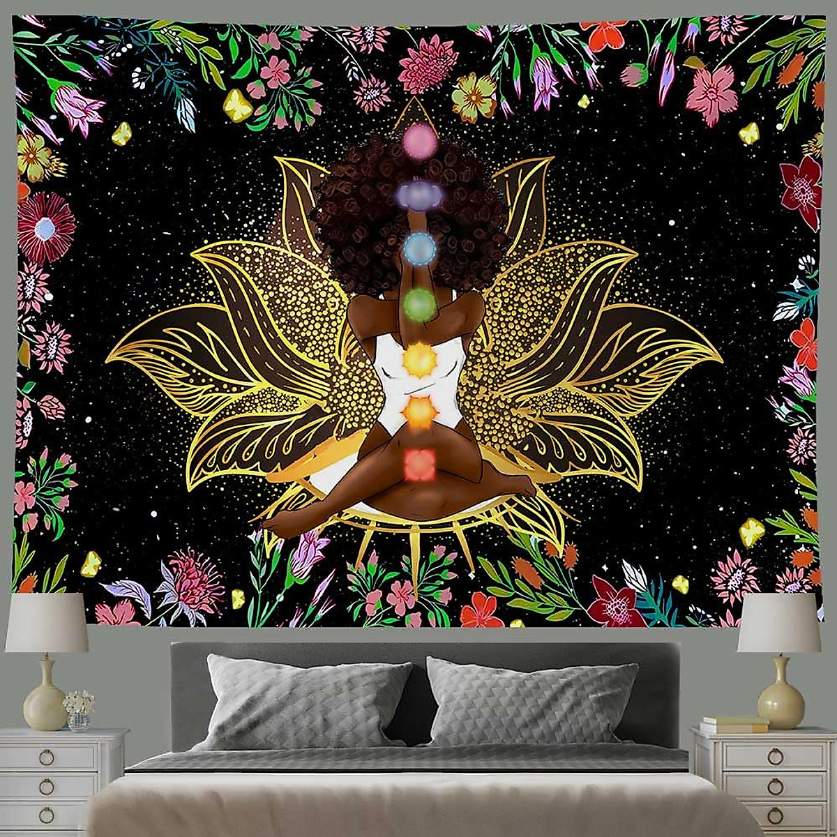 Ine Ive African Chakra Tapestry African American Woman Zen Meditation Tapestry 80x60 Inch Starry Sky Flower Garden Tapestry Inspirational Afro Yoga Wall Art Tapestry for Bedroom Dorm Decor GTDWIE0157