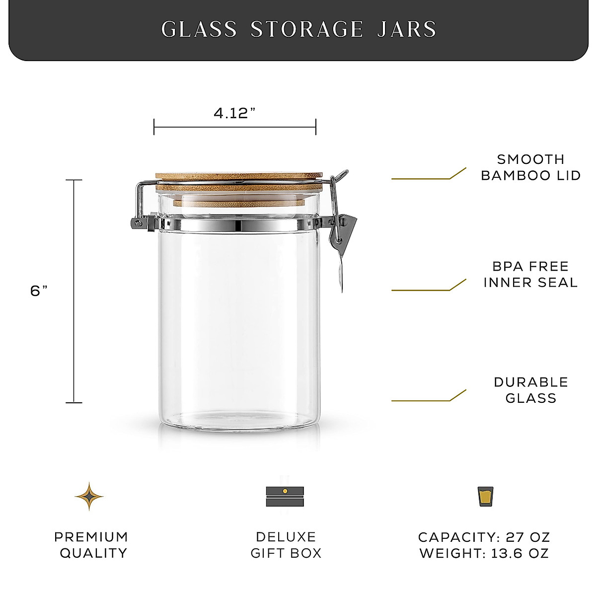 JoyJolt Borosilicate Glass Jars With Bamboo Lids (27oz). 2PC Set of Airtight Storage Jars with Clamp Lids for Pantry Storage. Air Tight Sealable Containers for Kitchen Organization.