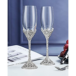 Jozen Gift Champagne Flutes - Crystal Glass Metal Base With Crystal Stones, Set of 2 Toasting Flute Pair, Wedding Anniversary Party Birthday Banquets and Gifts for Bride and Groom7oz