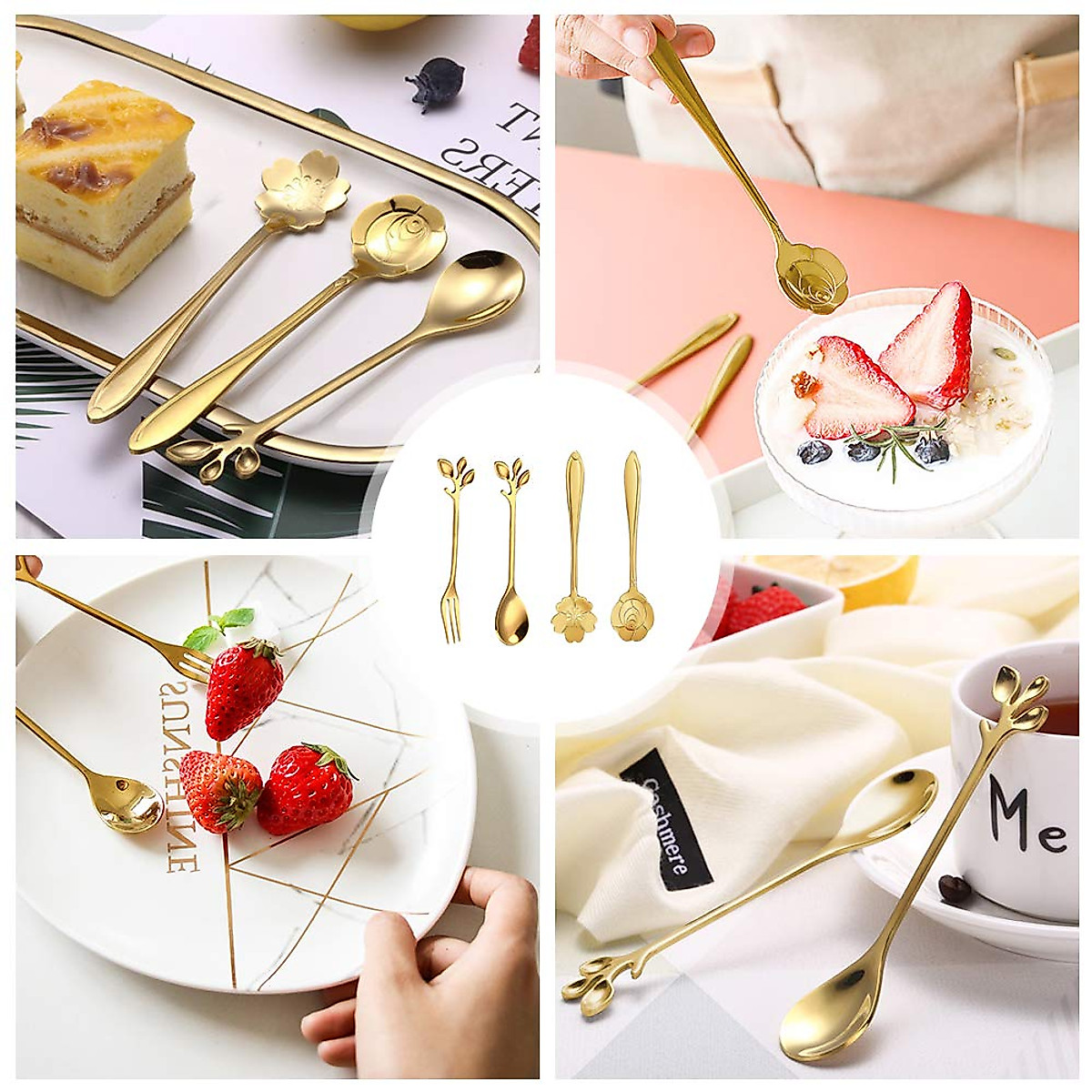 12PCS Leaf Flower Coffee Spoon Set, FULANDL Stainless Steel Tea Spoon Dessert Demitasse Espresso Spoons and Forks, Reusable Tableware Stirring Spoon Ice Cream Spoon for Coffee, Tea, Cake (Gold)