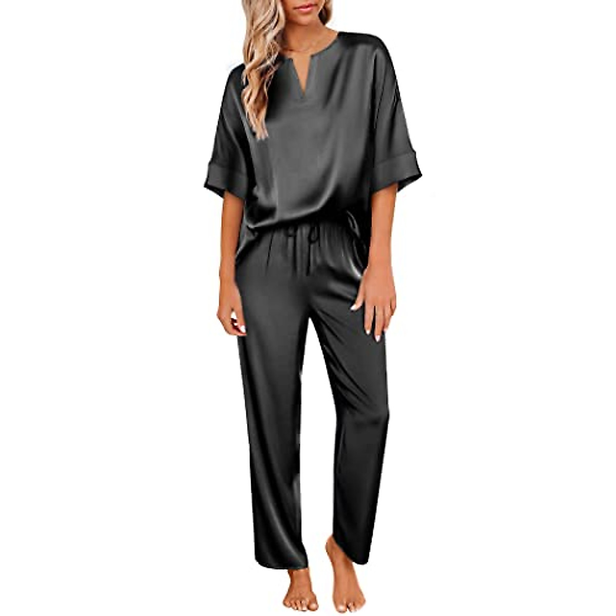 Ekouaer Women's Silk Pajama Short Sleeve Nightwear Satin V Neck Sleepwear Soft Long Pant Silky Sleep Set Black