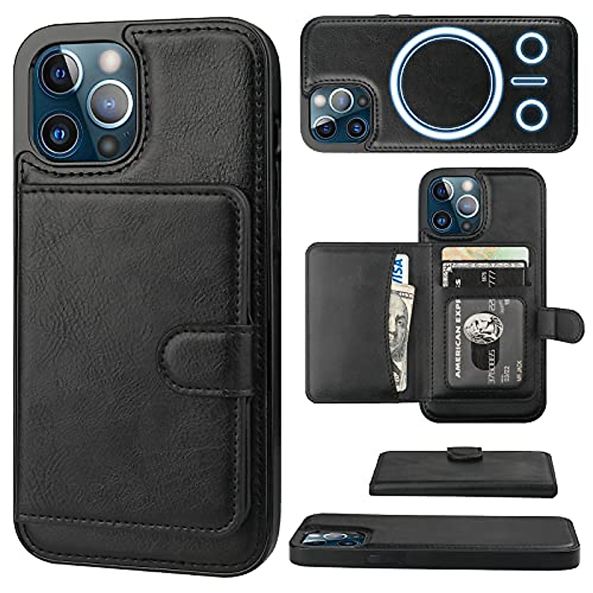 Bocasal Wallet Case for iPhone 12/12 Pro Compatible with MagSafe Magnetic RFID Blocking Detachable Premium PU Leather Flip Case with Card Slots Holder Kickstand Wireless Charging 6.1 Inch (Black)