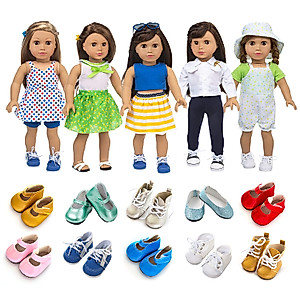 XFEYUE American 18 Inch Doll Clothes and Accessories 5 Sets Doll Clothes Dress Outfits + 2 Random Style Shoes for 18 Inch Doll Clothes
