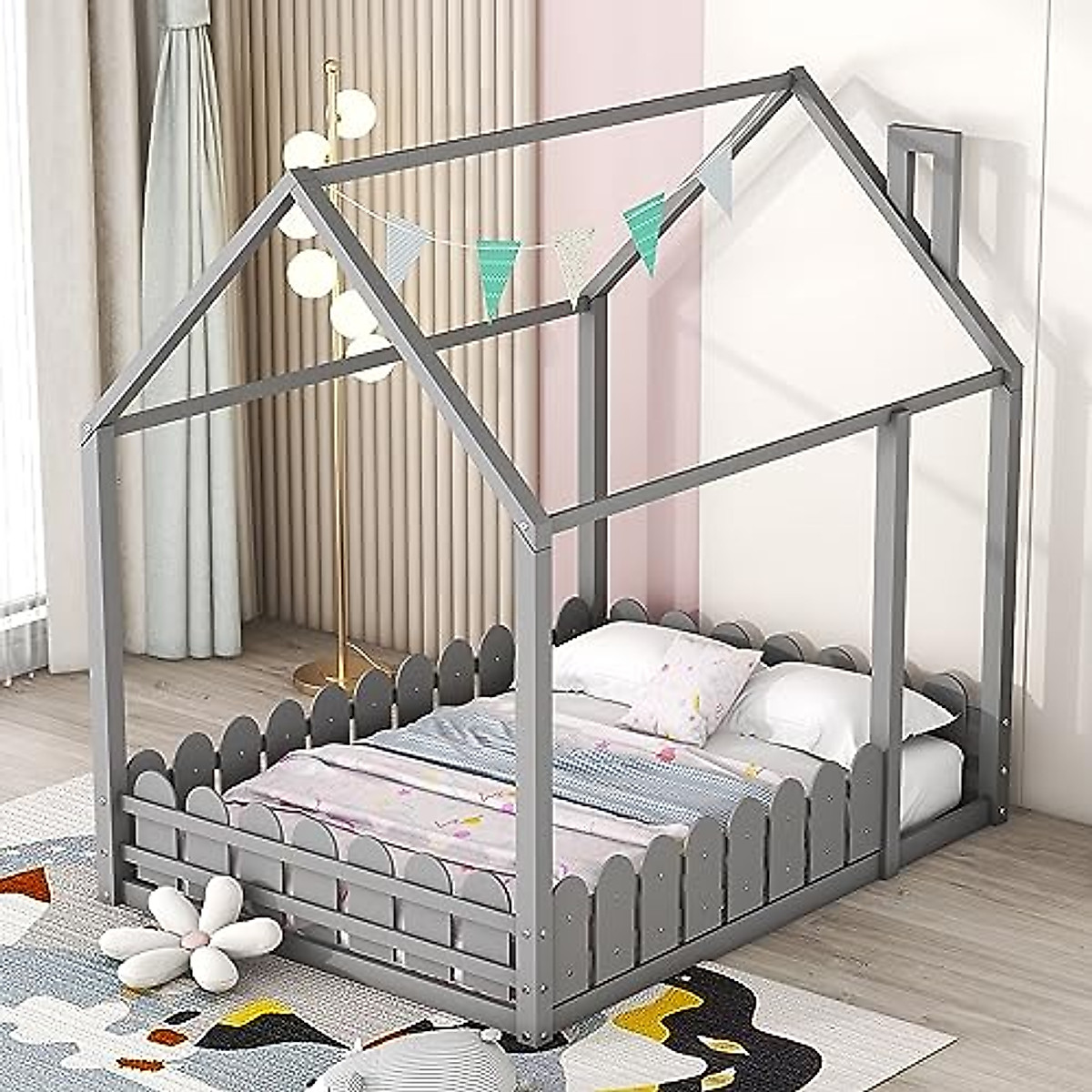 Harper & Bright Designs Full Size House Bed for Kids,Montessori Floor Bed with Fence-Shaped Rails, Wood Full Baby Floor Bed Frame for Girls, Boys,Grey