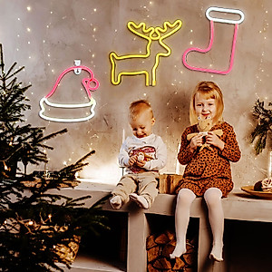 3 Pieces Christmas Neon Sign Night Light LED Elk Christmas Stocking Christmas Hat Neon Wall Decor Lights USB and Battery Powered Neon Christmas Light Sign for Bedroom Kids Xmas Gifts Home Wedding Bar