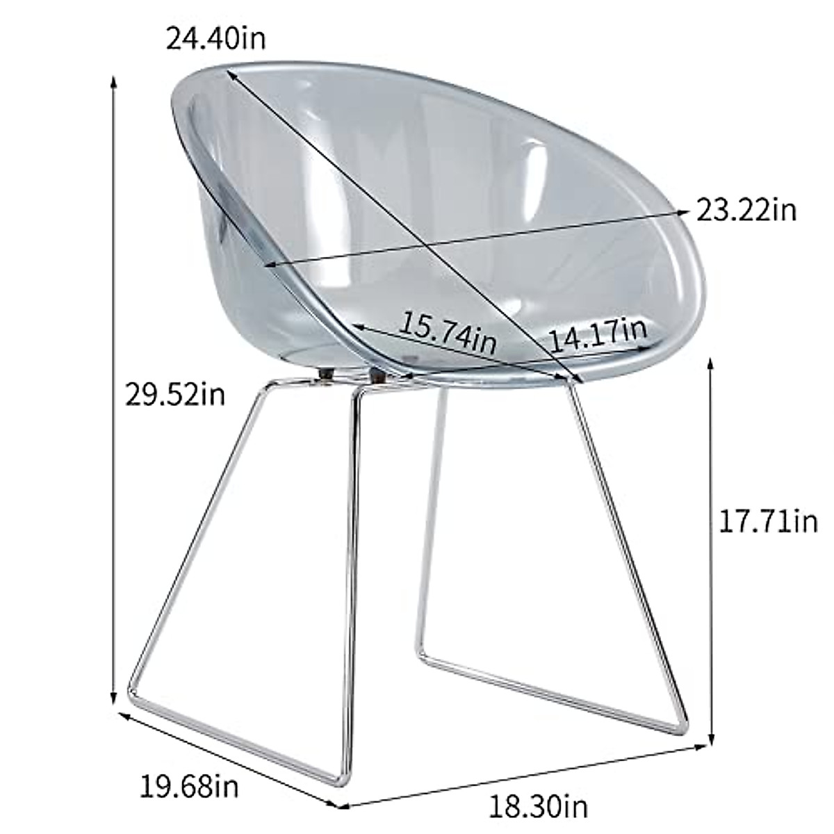 Acrylic Dining Chairs Set of 2, Transparent Shell and Metal Legs Plastic Side Chairs for Kitchen and Dining Room, Living Room (Grey)