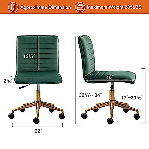 Furniliving Velvet Home Office Chair, Armless Vanity Desk Task Chair with Wheels 360° Swivel Computer Rolling Desk Chair with Back, Adjustable Accent Chair with Gold Metal Base Stool Chair (DarkGreen)