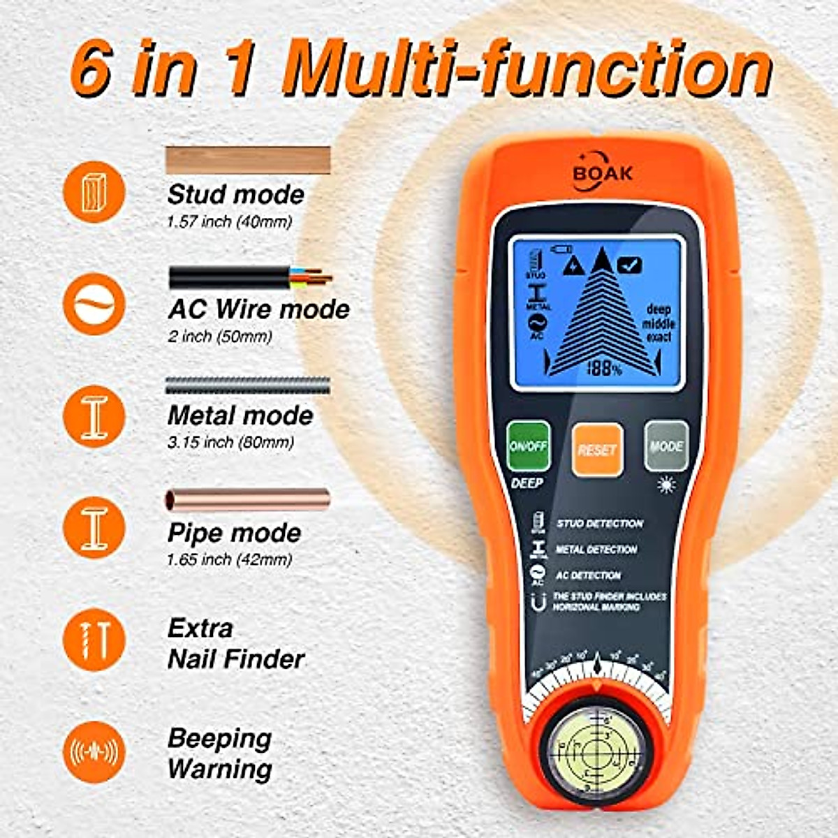 BOAK Stud Finder Wall Scanner with Percentage and Intensity Display, 6 in 1 Metal Detector and Electric Wire Detector