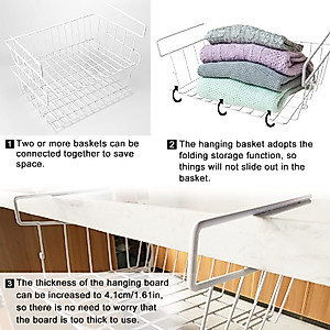 Under Shelf Basket , 2 Pack White Wire Under Shelf Basket , Slides Under Shelves for Storage, Space Saving for Kitchen Counter Pantry Desk Bookshelf Cupboard
