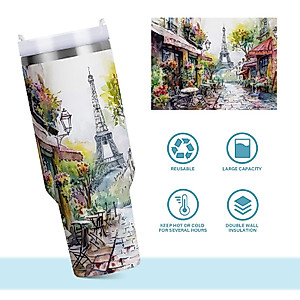 ODAWA Eiffel Tower Florist Cafe 30 Oz Travel Tumbler with Lid and Straw Travel Coffee Mug