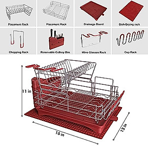 Qienrrae Large Dish Drying Rack with Drainboard Set, Stainless Steel Dish Rack with Drainage, Wine Glass Holder, Utensil Holder and Extra Dryer Mat, 2 Tier Dishes Rack for Kitchen Counter, Red