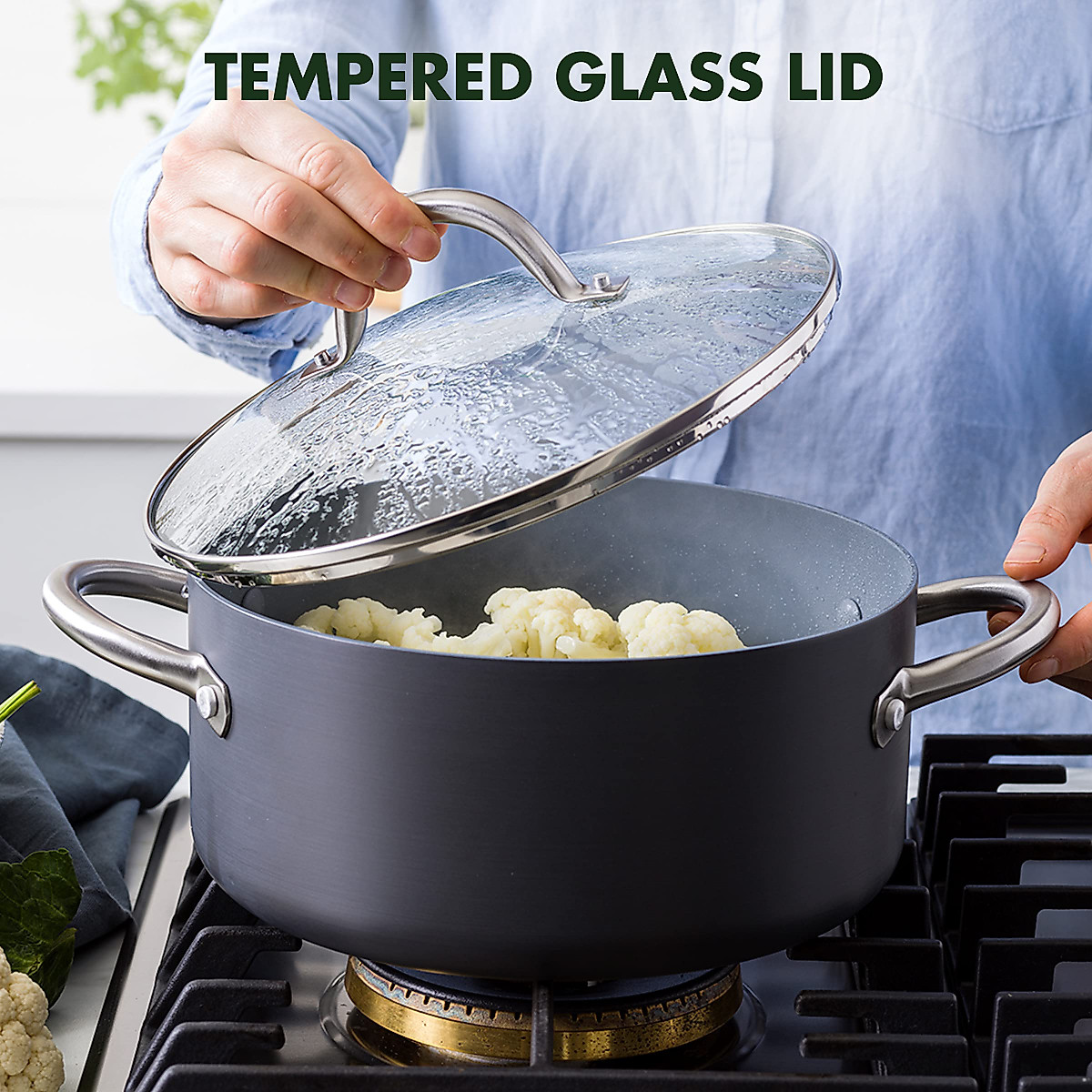 GreenPan Lima Hard Anodized Healthy Ceramic Nonstick 10" Frying Pan Skillet, PFAS-Free, Oven Safe, Gray & Lima Hard Anodized Healthy Ceramic Nonstick 5QT Stock Pot with Lid, PFAS-Free, Oven Safe, Gray