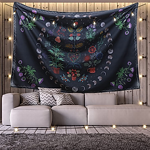 Botanical Moon phase Tapestry,Floral Plants Tapestry Wall Hanging Decor Moonlit Garden Wall Hanging Decor Mysterious Tapestry present Art Wall Hanging for Home Decor, 39.4 x 59.1 Inches