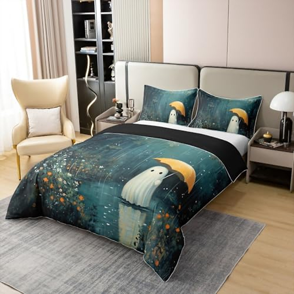 jejeloiu Halloween Ghost Duvet Cover Set 100% Cotton Funny Umbrella Ghost Bedding Set Full Size for Kids Boys Girls Halloween Decor Happy Halloween Comforter Cover Soft Cotton Duvet Cover 3Pcs