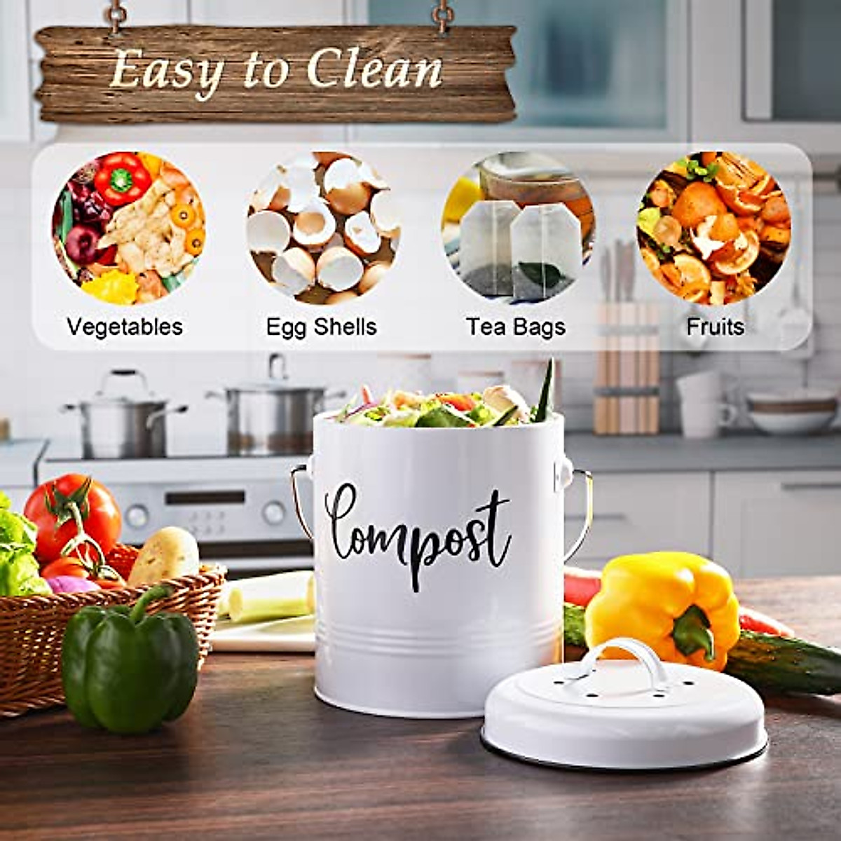 DAYYET Compost Bin Kitchen - 1.3 Gallon Farmhouse Kitchen Compost Bin Countertop - Indoor Compost Bin - Countertop Compost Bin with Lid and Charcoal Filters - Rust Proof Compost Bucket, White