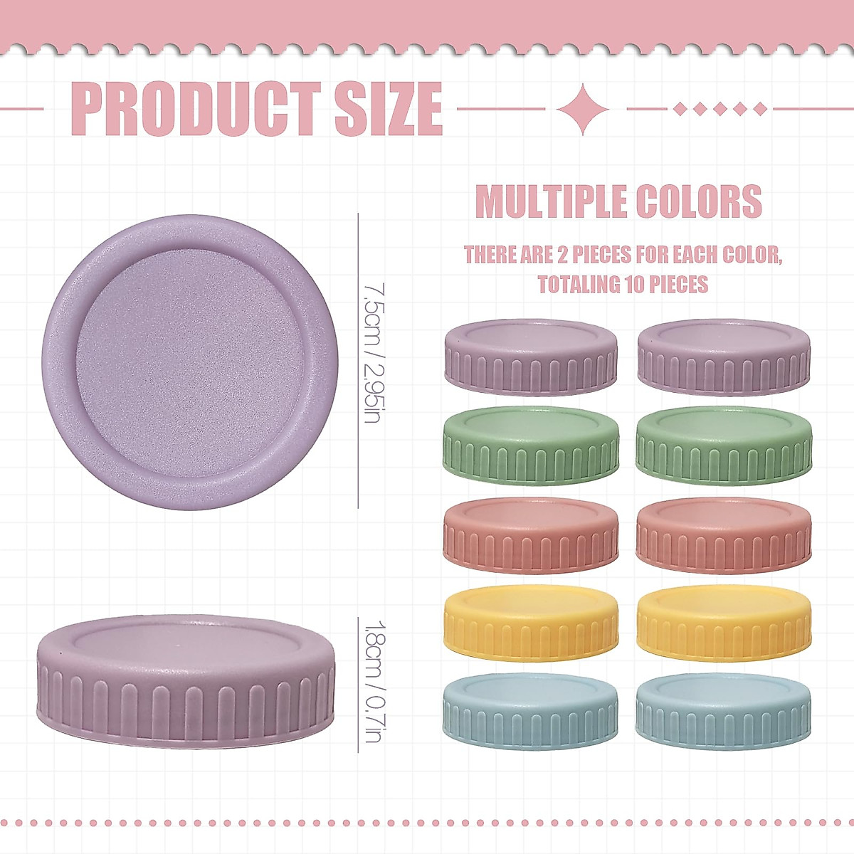 10 Plastic Mason Jar Lids, Colored Mason Jar Lids, 70mm Inner Diameter Mason Jar Lids Regular Mouth with Silicone Ring,Regular Mouth Mason Jar Lids Suitable for Glass Cans, Cans
