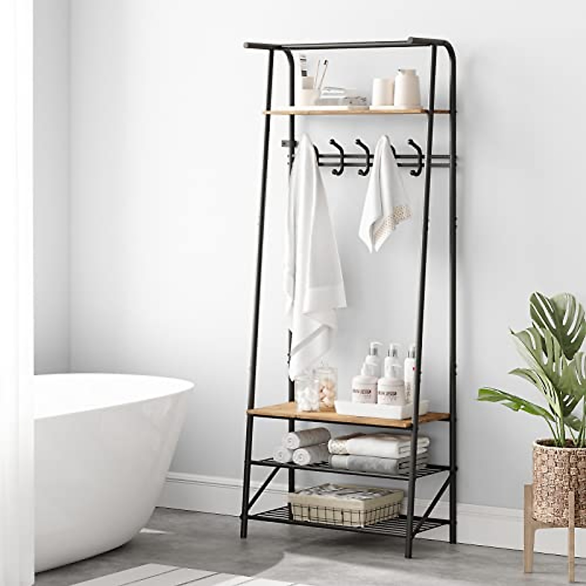 IDEALHOUSE Coat Rack Shoe Bench with 5 Hooks, Hall Trees Entryway Bench with Storage, Multifunctional Hallway Organizer, Wood Look Accent Furniture with Metal Frame for Entryway, Living Room, Bedroom