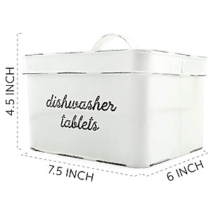 AuldHome Dishwasher Pod Holder, Tablet Container; White Enamelware Rustic Kitchen Storage Tin with Lid