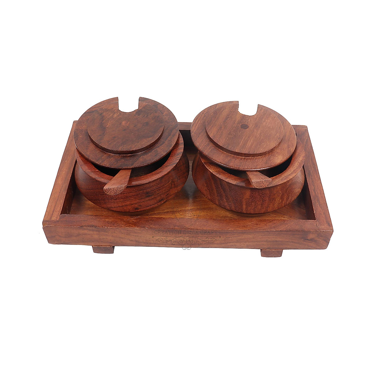 Creation India Craft Wooden Jar Set with Tray and Spoon, 50 ml, 2-Pieces,Indian Rosewood, Refreshner Box Table Top for Dinning Table